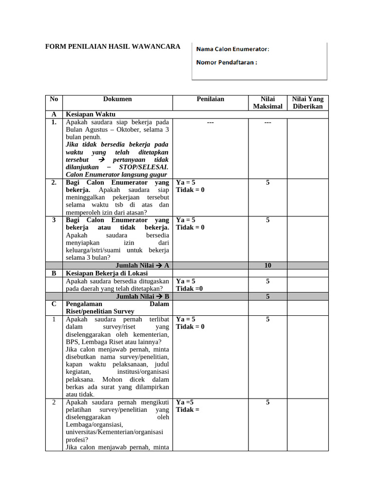 Form Penilaian Hasil Wawancara | PDF