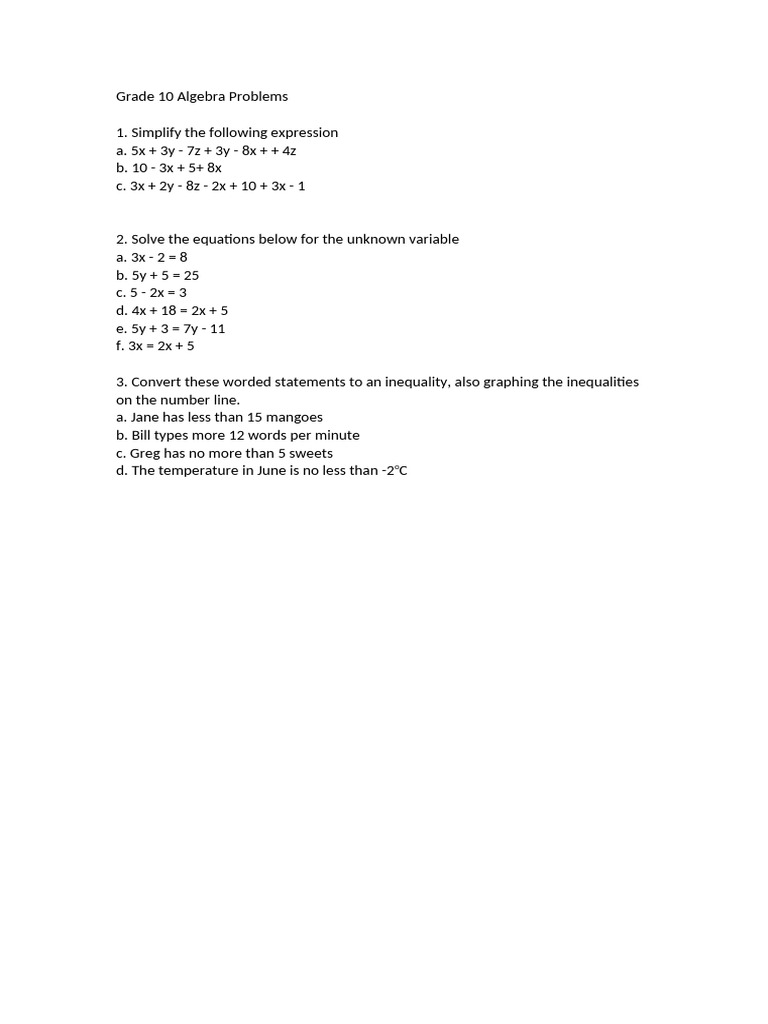 Grade 10 Algebra Problems | PDF | Teaching Methods & Materials