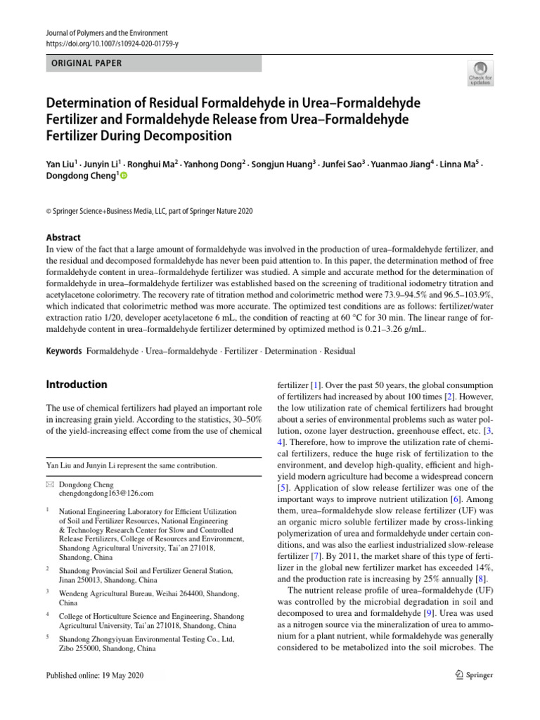Determination Of Residual Formaldehyde In Urea Formaldehyde Fertilizer And Formaldehyde Release