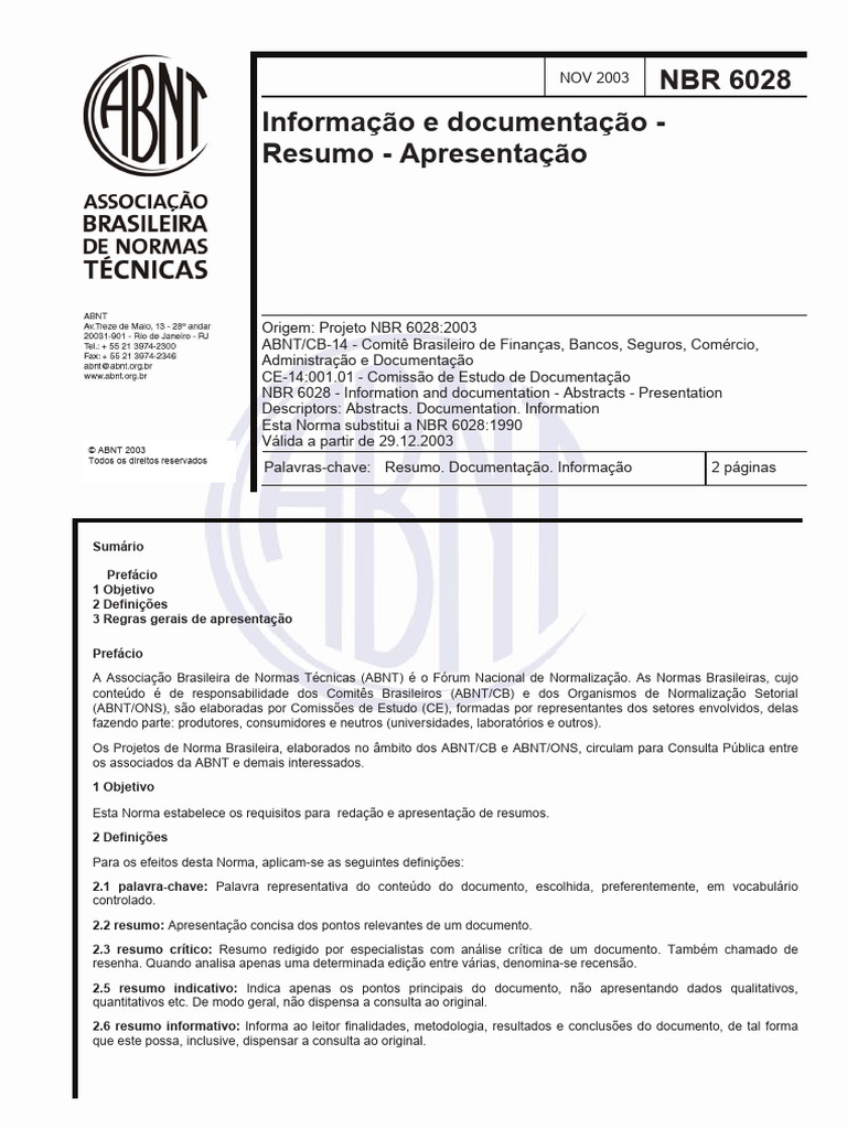 ABNT NBR 6028 - Resumo - Apresentação | PDF | Abstract (resumo)