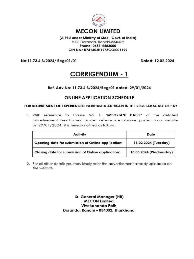 Online Application Schedule Rajbhasha Adhikari - Corrigendum | PDF