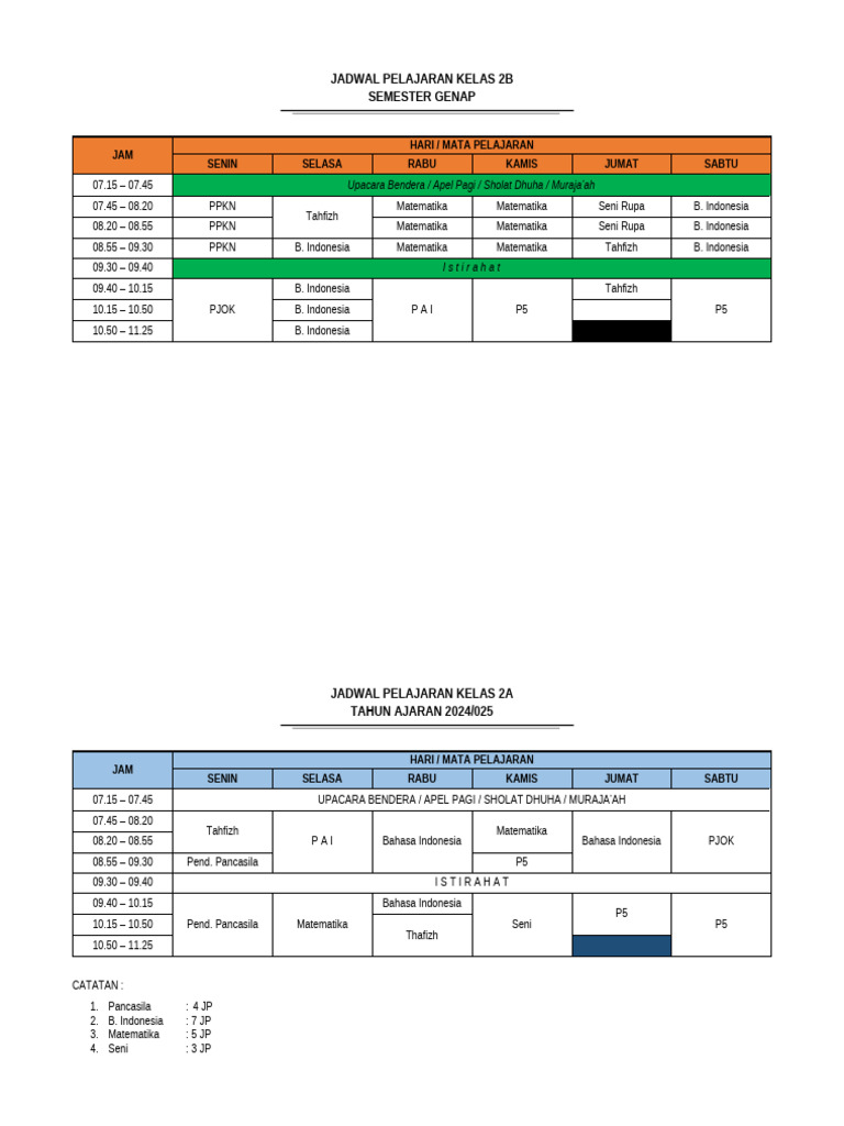 Contoh Jadwal Pelajaran Kelas 2B | PDF