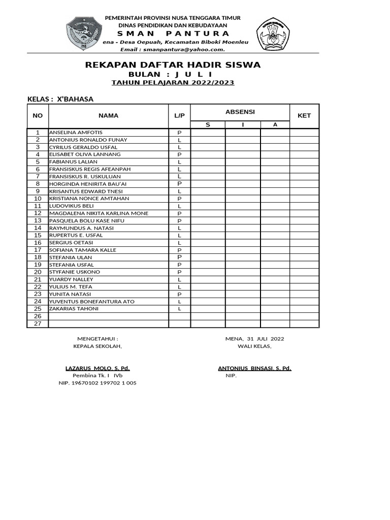 Rekapan Daftar Hadir Siswa | PDF
