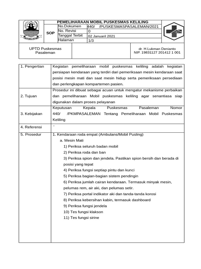 2.1.6.8 Sop Penggunaan Mobil Puskesmas Keliling Sop Print | PDF