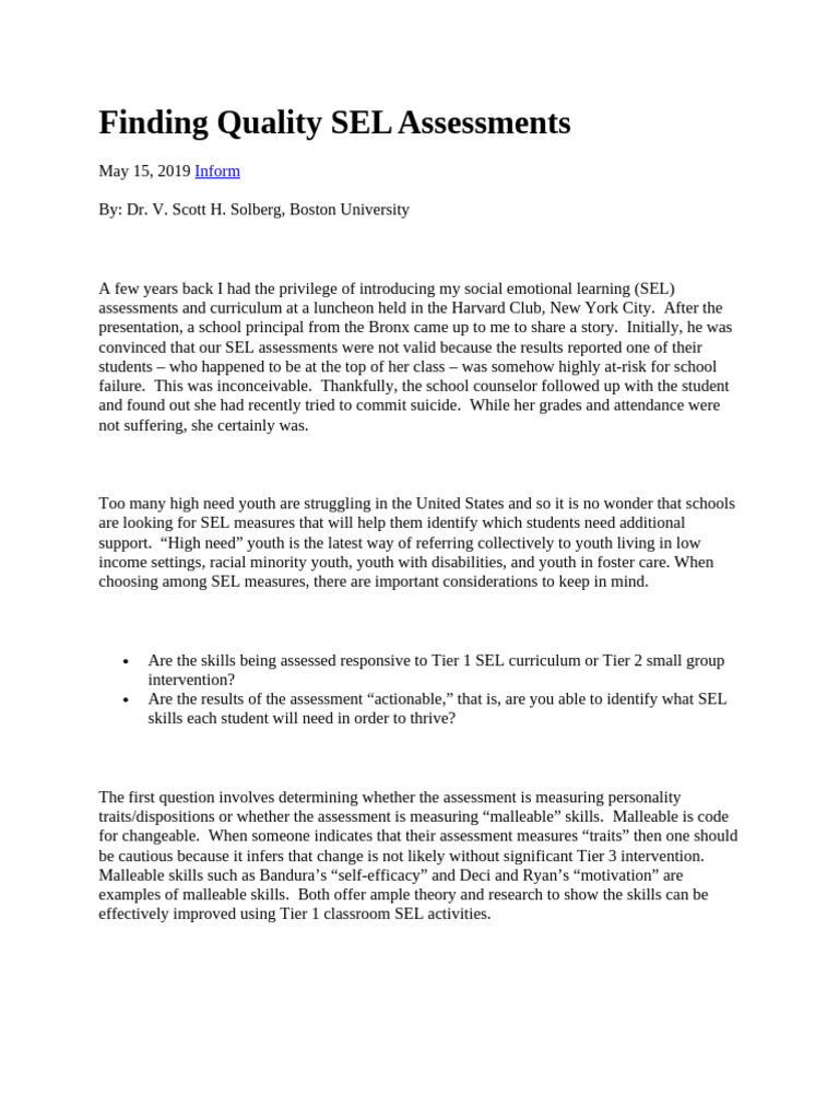 Finding Quality SEL Assessments | PDF | Self Efficacy | Social Psychology