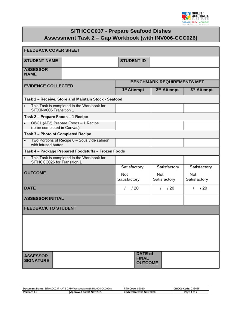 SITHCCC037 - AT2 GAP Workbook (With INV006-CCC026) | PDF | Food Safety