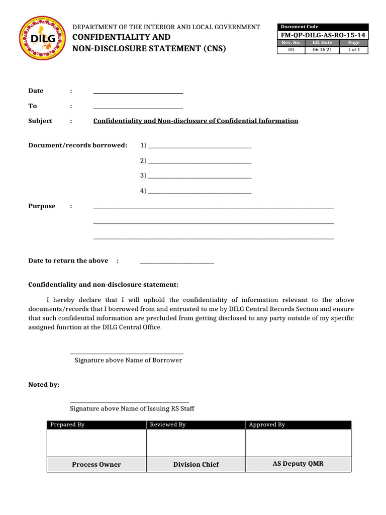 FM-QP-DILG-AS-RO-15-14 (Confidentiality and Non-Disclosure) | PDF | Business | Computers