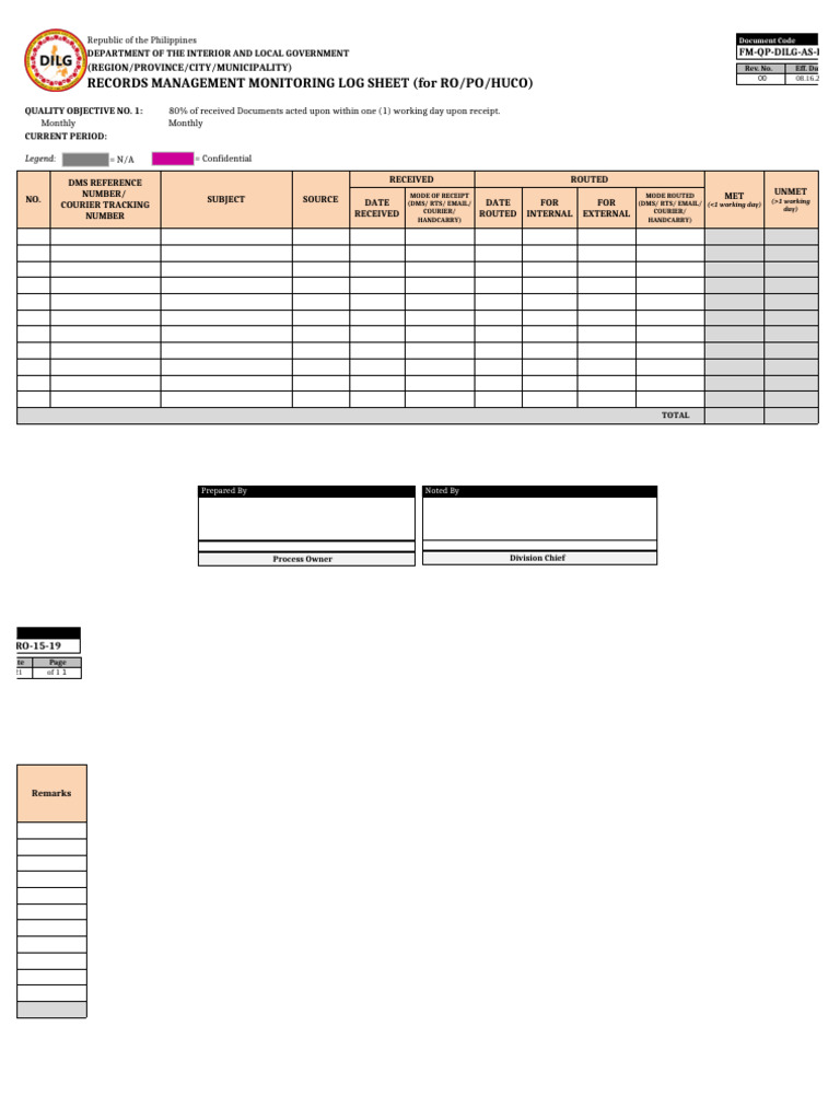 FM-QP-DILG-AS-RO-15-19 (Records Management Monitoring Logsheet) | PDF
