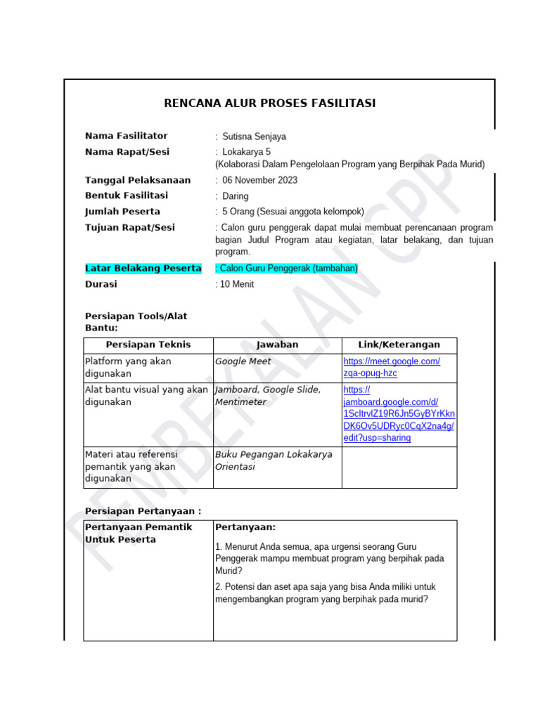 M3. Contoh Rencana Alur Proses Fasilitasi Daring | PDF