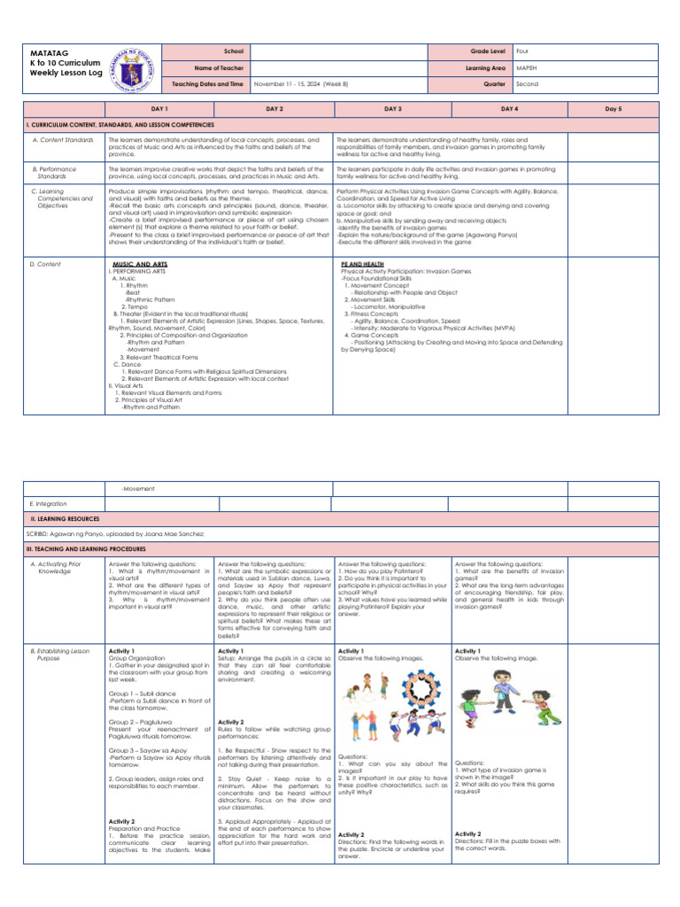 Q2 W8 Mapeh Matatag | PDF | Learning | The Arts