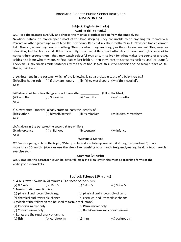 Admission Test Paper Sample | PDF | Infants | Human Life Stages