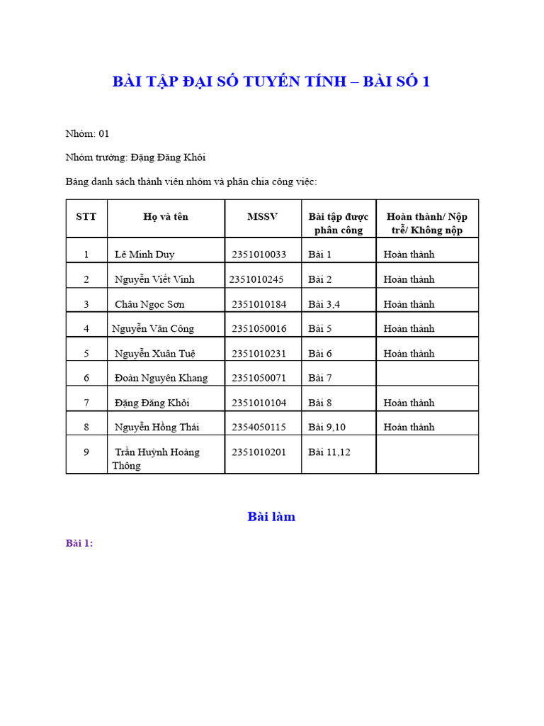 BaitapDSTT Baiso1 Nhom1 | PDF