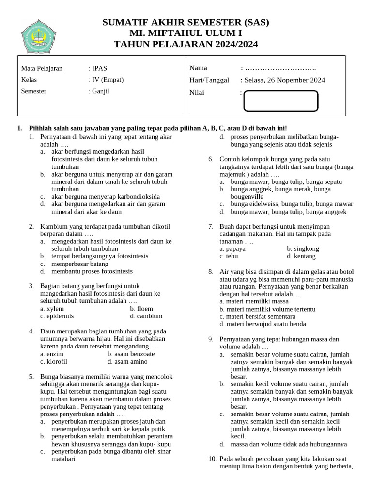 Soal SAS 1 IPAS Kelas 4 | PDF