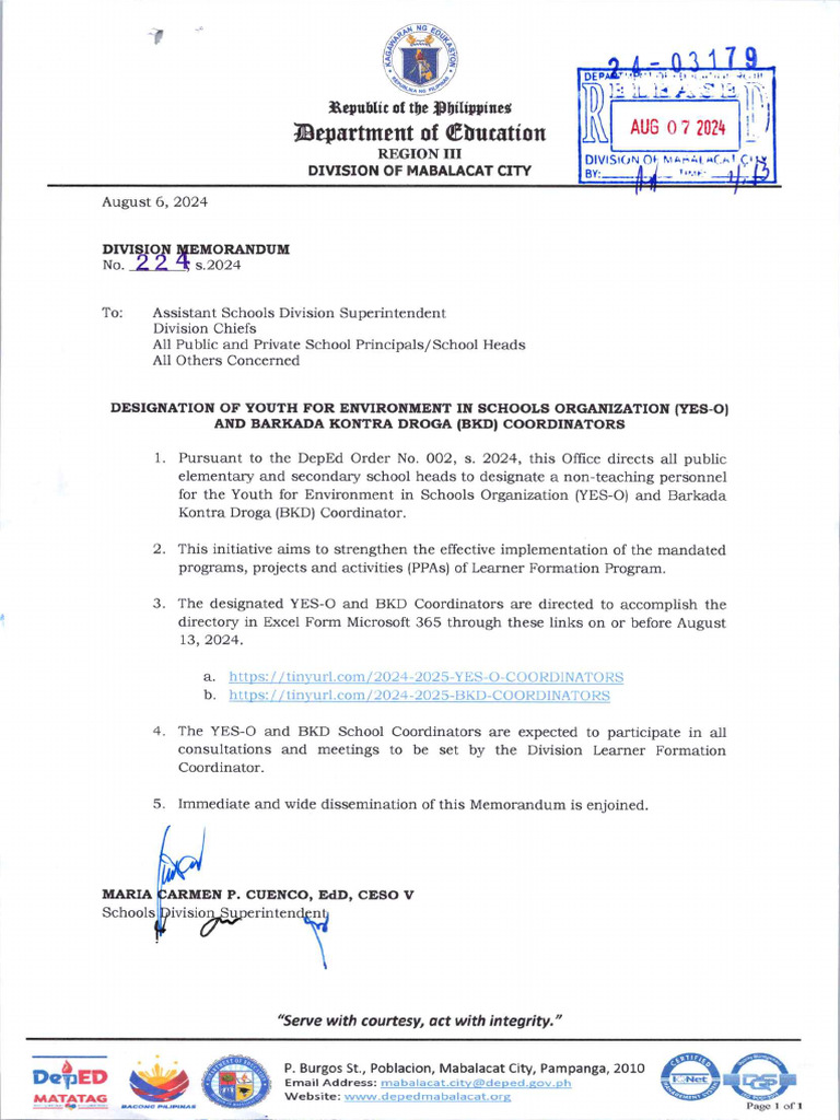 DM 224 S 2024 Designation of Youth For Environment in Schools | PDF