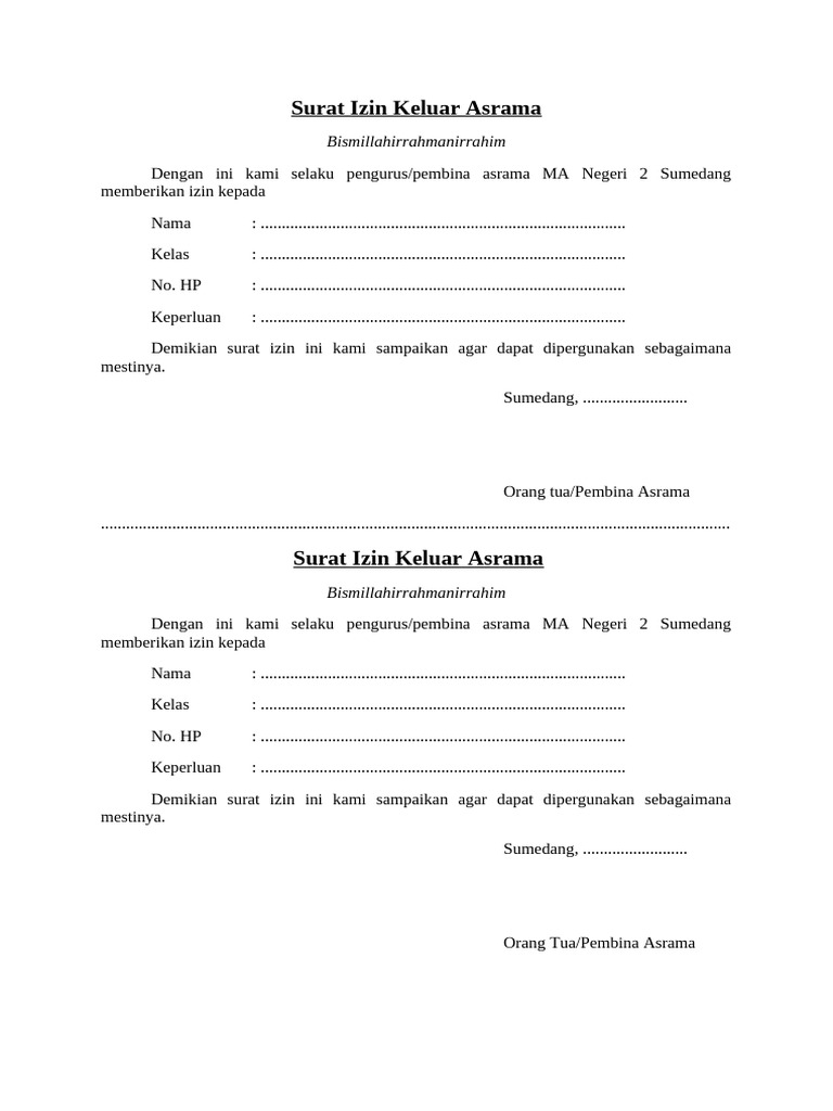 Surat Izin Keluar Asrama | PDF