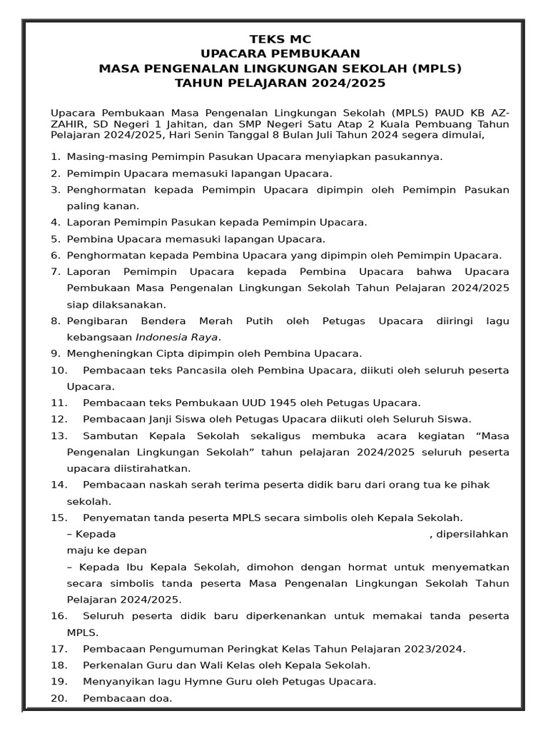 Teks MC Upacara Pembukaan | PDF | Kajian Bahasa Asing