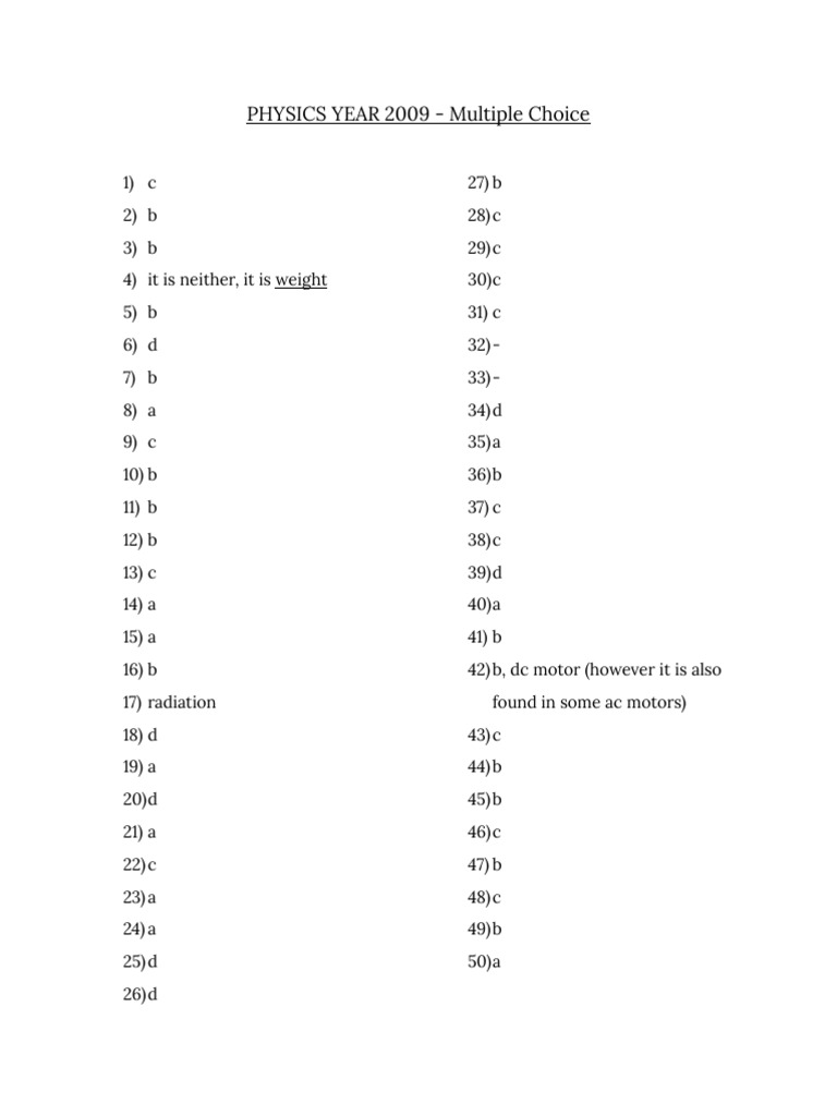 2009 Physics Multiple Choice Answers | PDF