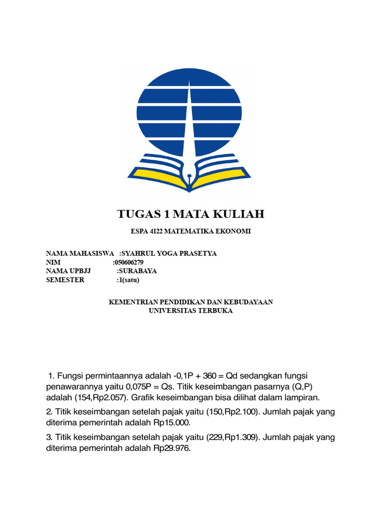 Tugas 2 Mata Kuliah Matematika Ekonomi | PDF | Metode & Bahan Ajar
