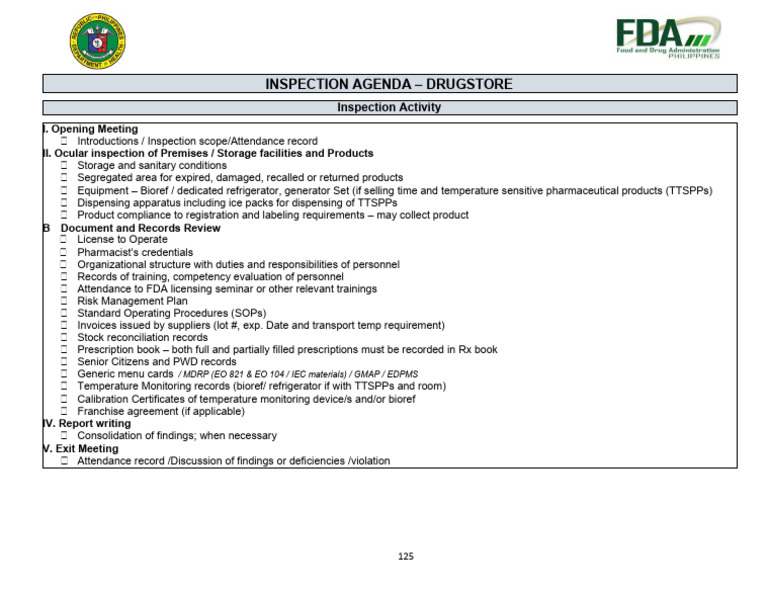 FDA INSPECTION CHECKLIST - Drugstore | PDF | Technology & Engineering