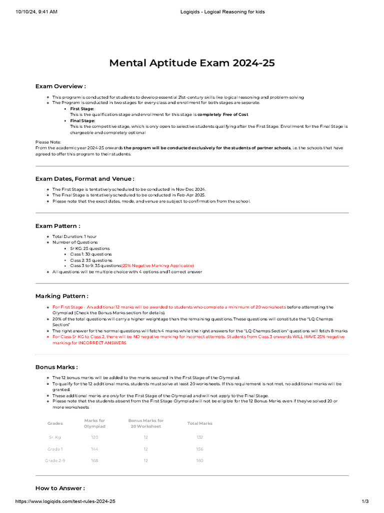 Logiqids Exam Overview 2024-25 | PDF