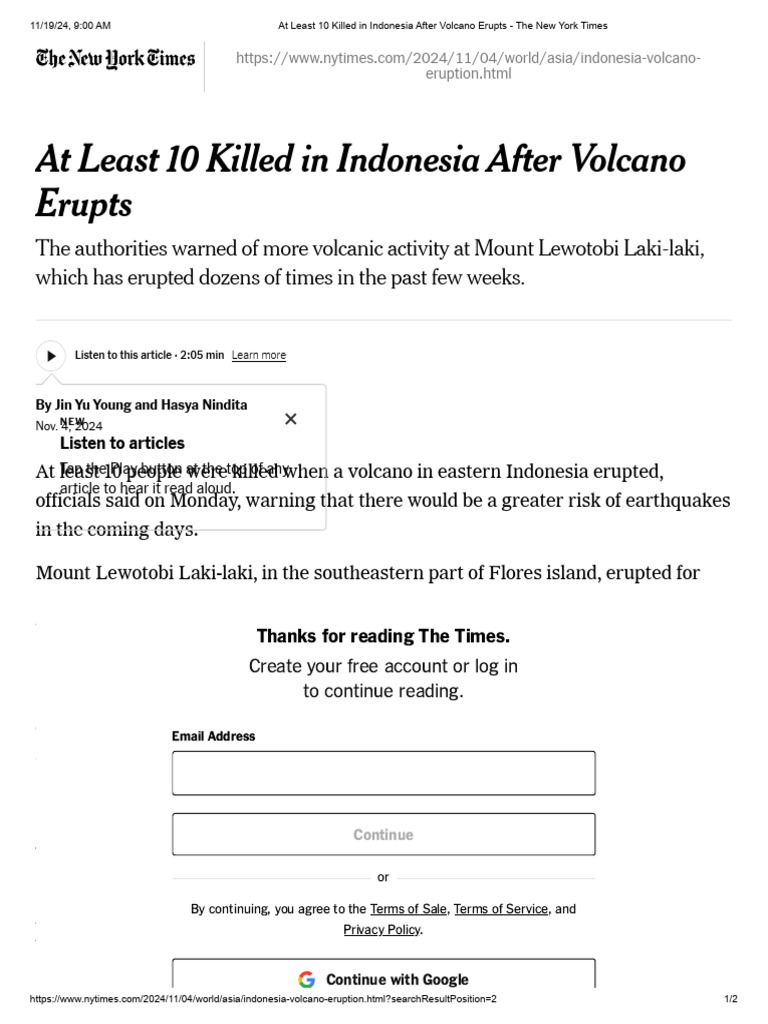 At Least 10 Killed in Indonesia After Volcano Erupts - The New York ...