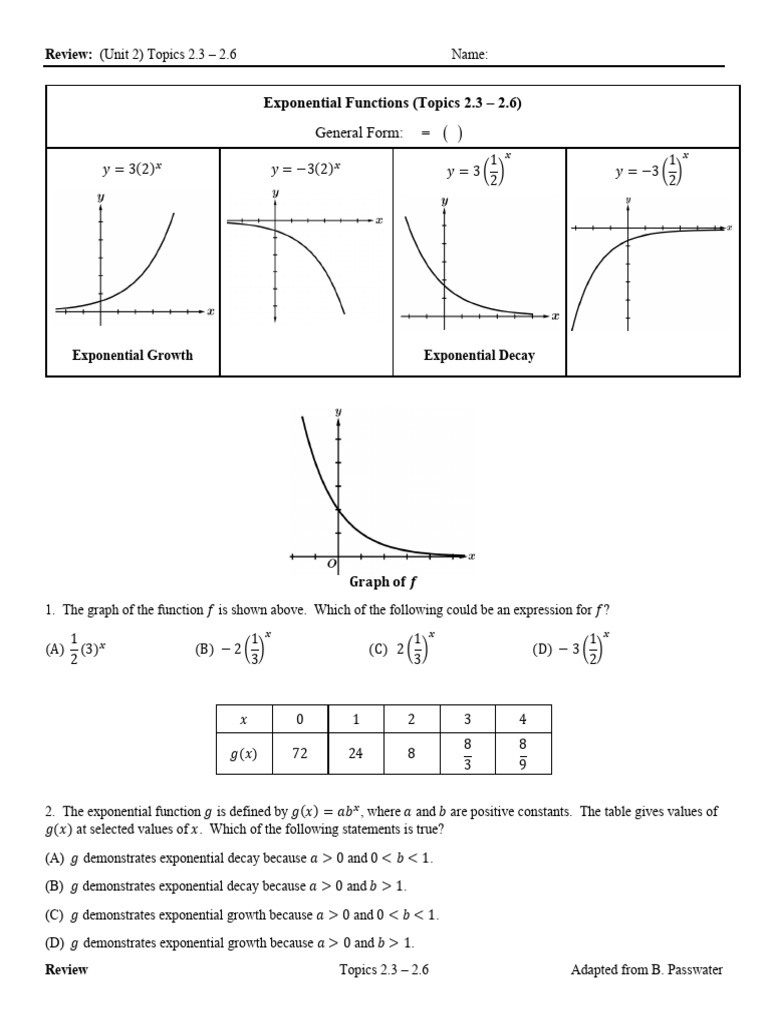 Review Unit 2A Part 2 (2.3-2.6) | PDF | Errors And Residuals | Exponential Function