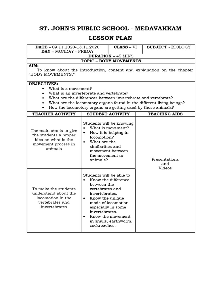 Body Movements Lesson Plan for Class VI | PDF | Invertebrate | Animal ...