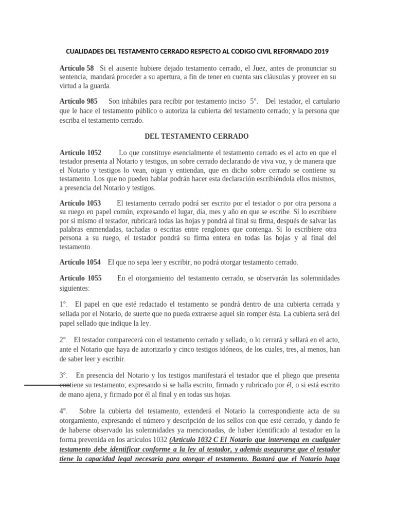 Cualidades del Testamento Cerrado 2019 | PDF | Voluntad y testamento ...