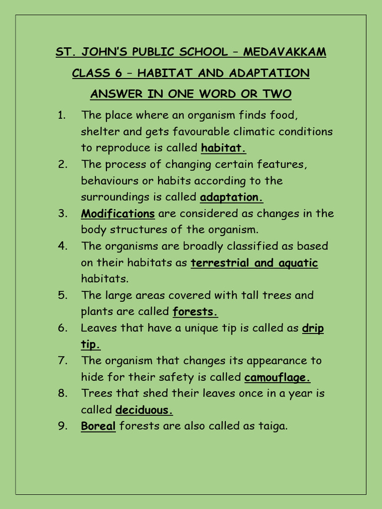 Habitat and Adaptation for Class 6 | PDF | Habitat | Forests