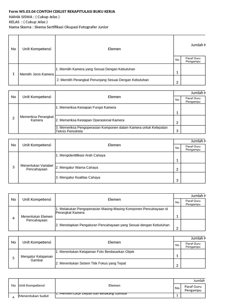 Form LK WS.03.04 Contoh Ceklist Rekapitulasi Buku Kerja | PDF