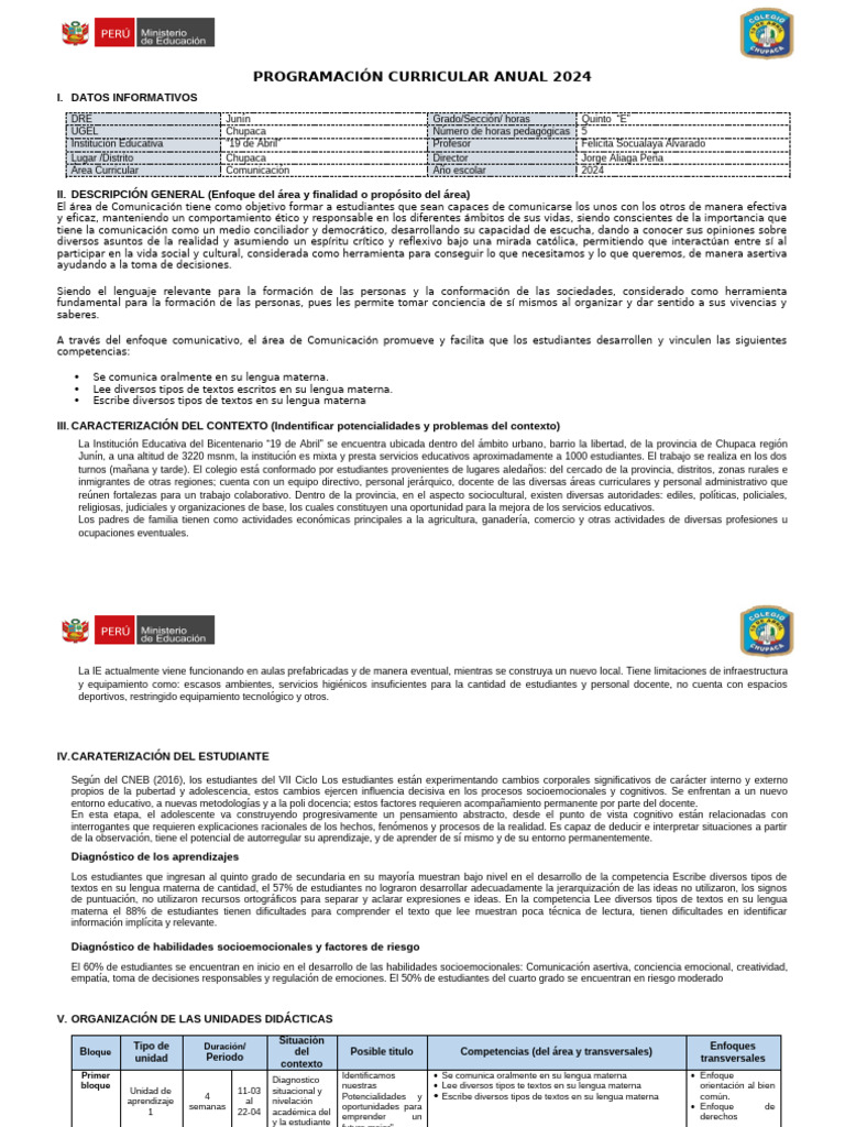 Programa Curricular Anual Quinto Feli | PDF | Aprendizaje | Evaluación