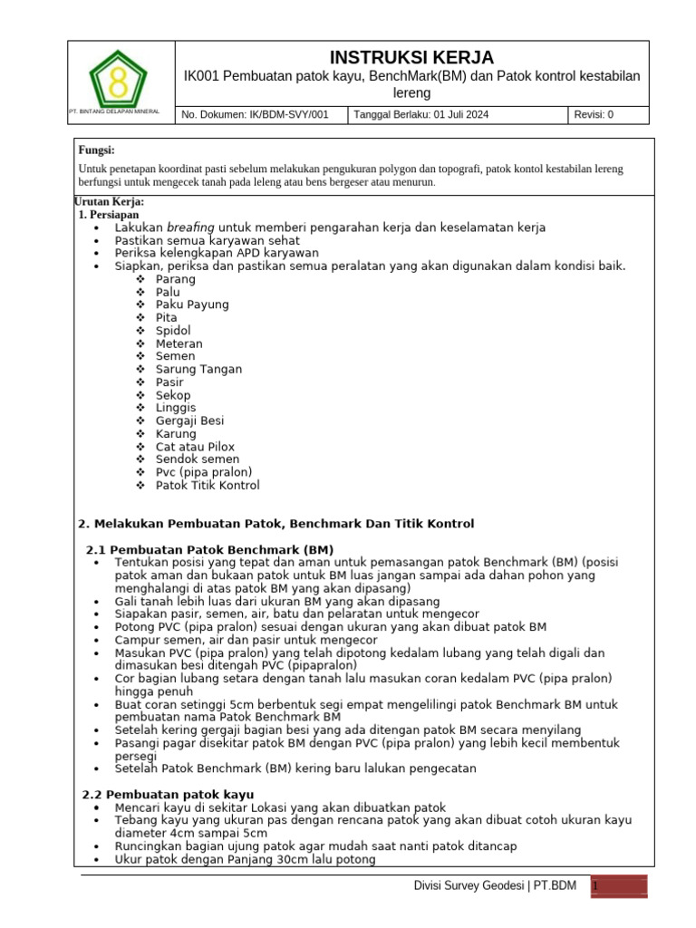 WI - 001 Pembuatan Patok Kayu, BenchMark (BM) Dan Patok Kontrol Kestabilan Lereng | PDF