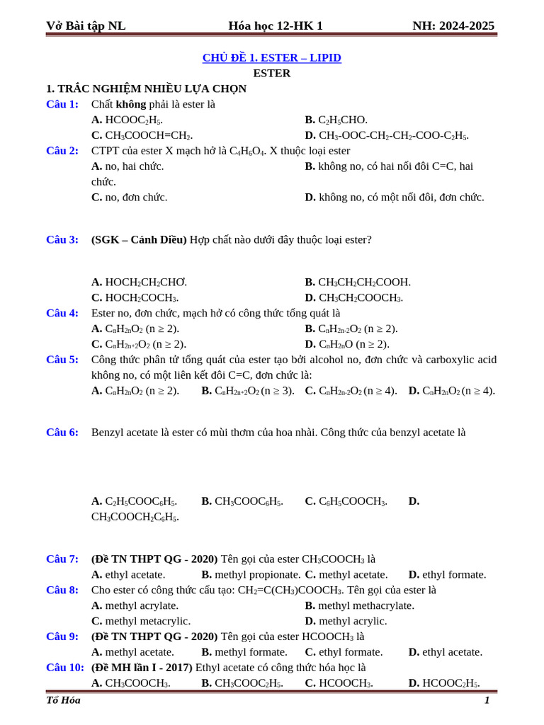 VỞ 12 BT HÓA - HK1-24-25 C Lựu | PDF