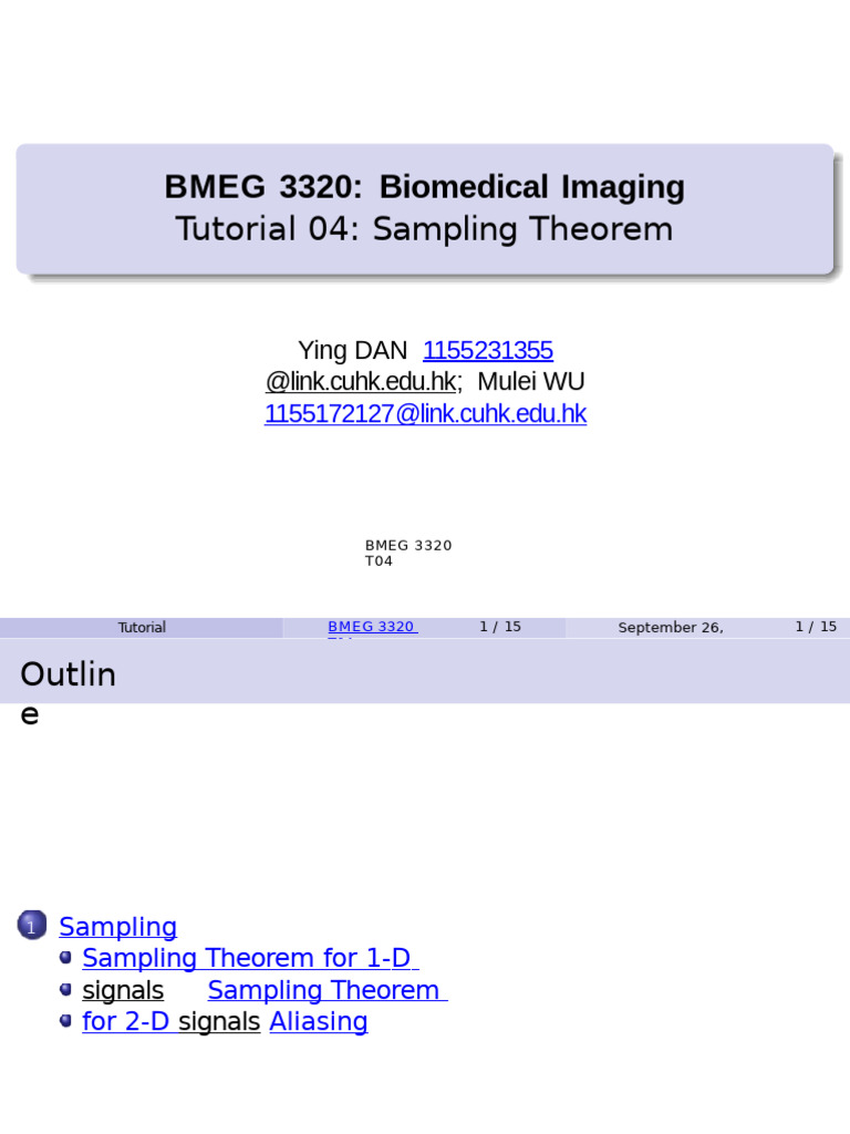 BMEG 3320: Biomedical Imaging: Tutorial 04: Sampling Theorem | PDF ...