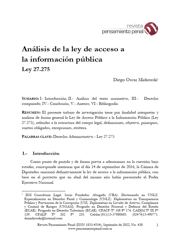 Ley 27275 Acceso A La Informacion Publica Comentada | PDF | Leyes de libertad de información por ...