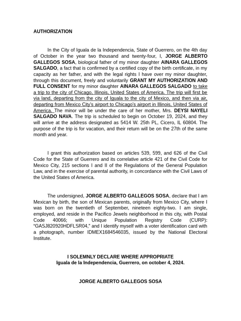 Authorization for Minor's Trip to USA | PDF | Politics | Law