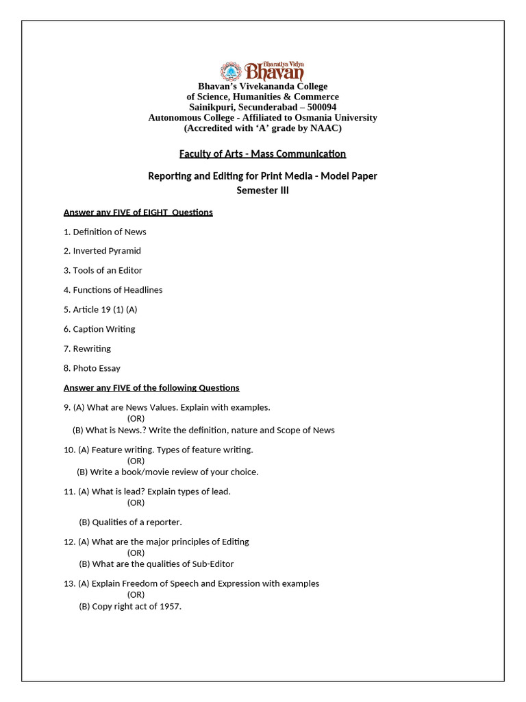 Model Paper For Reporting and Editing | PDF
