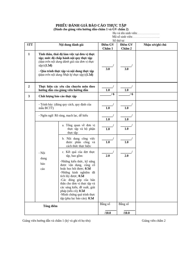 Final. Phiếu Chấm BCTT. 2024. Dành Cho GV 1 & 2 | PDF
