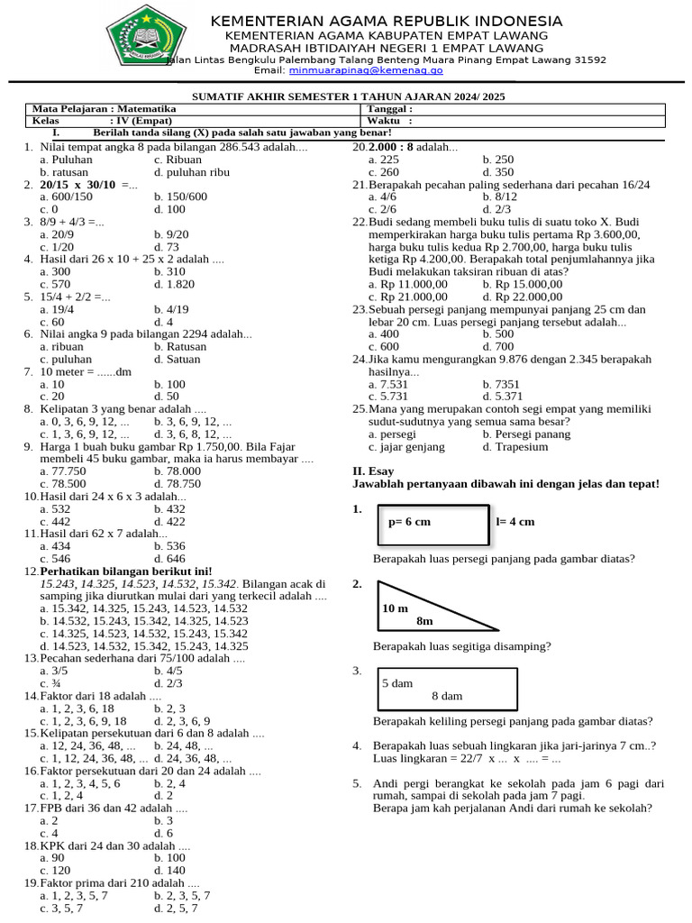 Soal Matematika Kls 4 | PDF