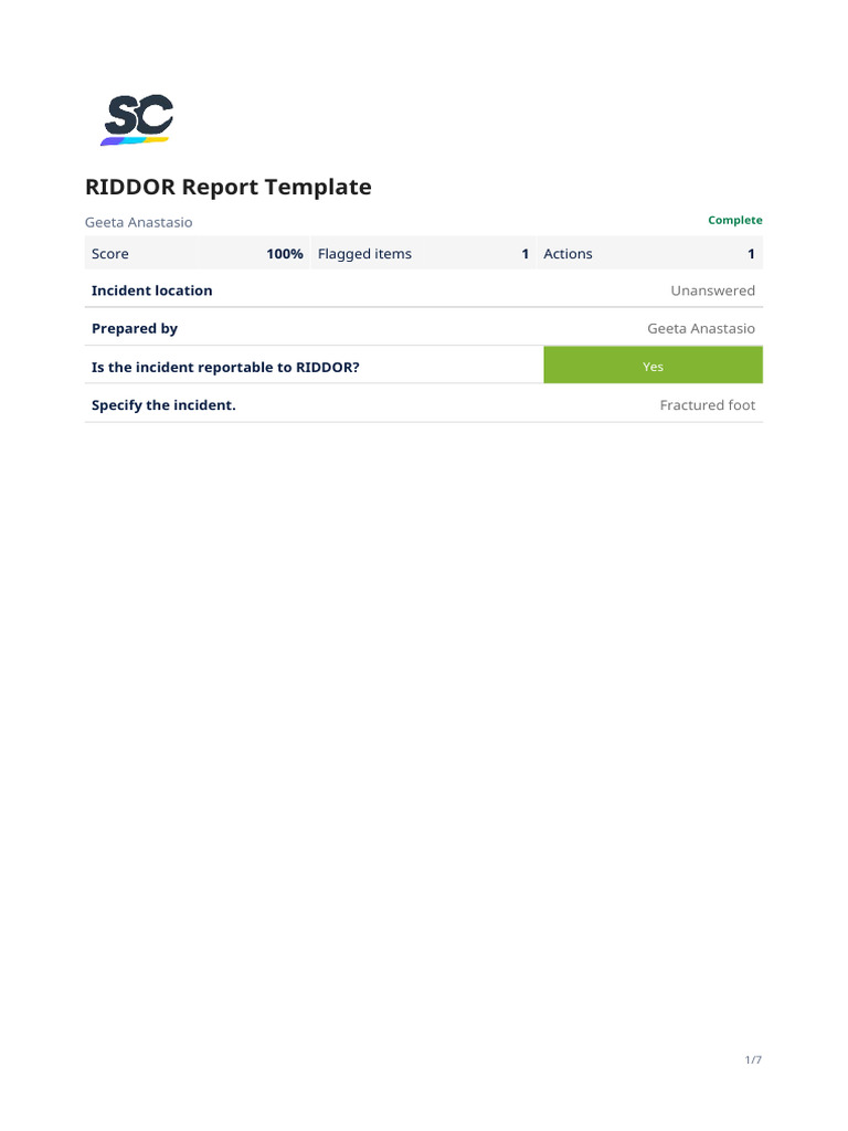 RIDDOR Report Sample SafetyCulture | PDF | Forklift