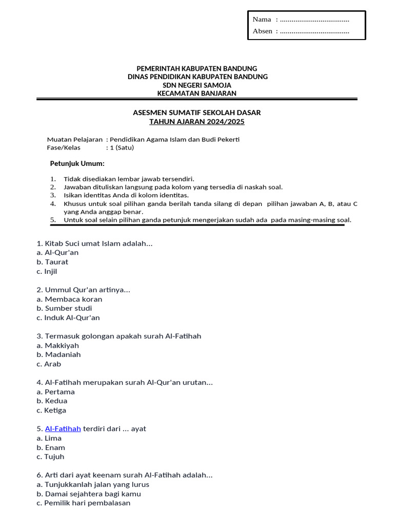 Soal Pai KLS 1 | PDF