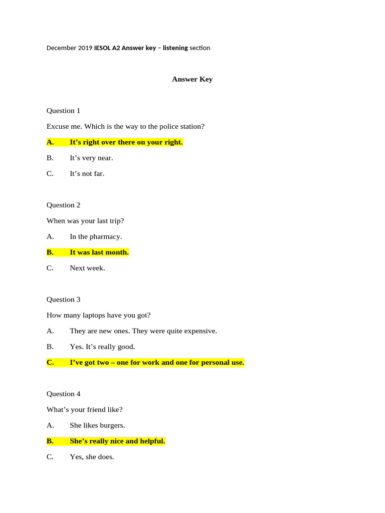 IESOL A2 Listening Answer Key 2019 | PDF