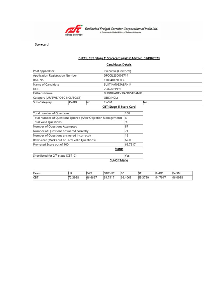DFCCIL CBT 1 Scorecard & Cutoff 2023 | PDF