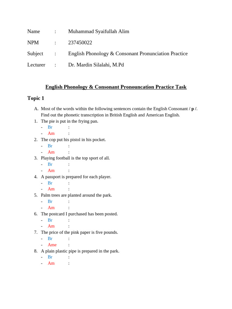 English Consonant /p/ and /b/ Practice | PDF | English Language | Phonetics