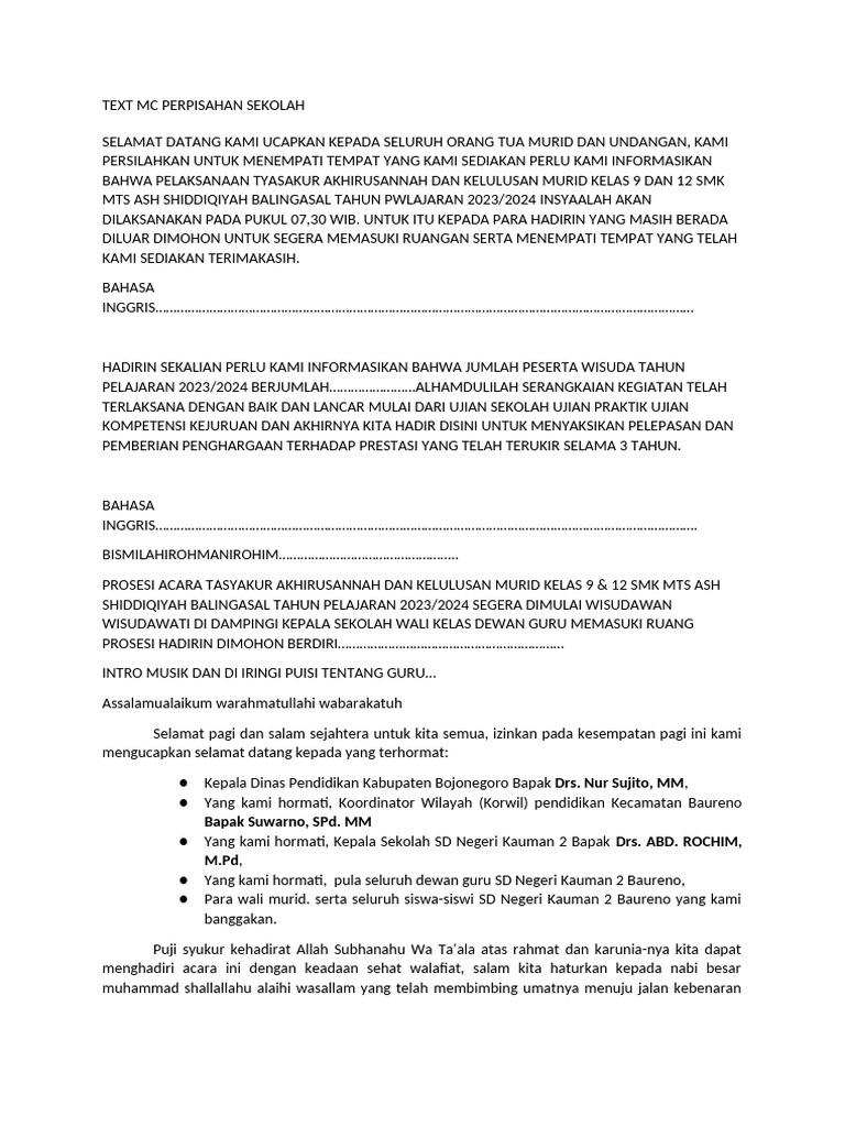 Text MC Perpisahan Sekolah | PDF