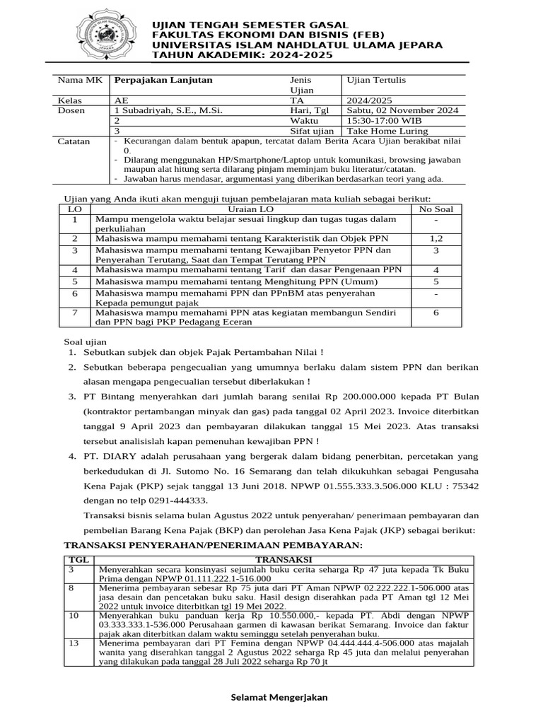 Uts Perpajakan Lanjutan Ae Ta. 2024-2025 | PDF
