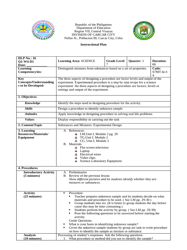 Lesson Plan Q1-W4-D1 | PDF | Learning | Experiment