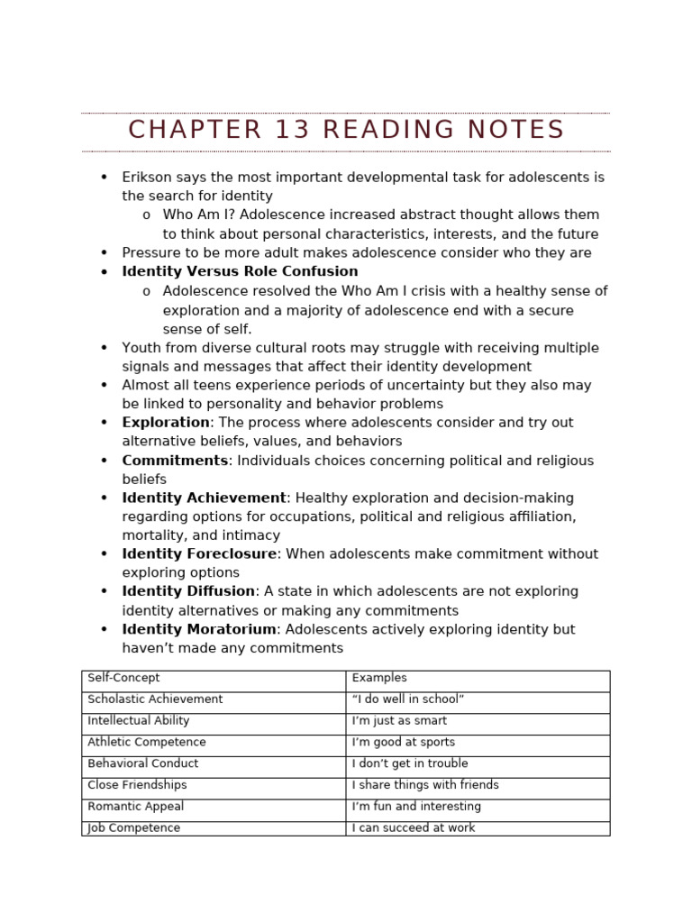 Chapter 13 Reading Notes | PDF | Adolescence | Identity (Social Science)