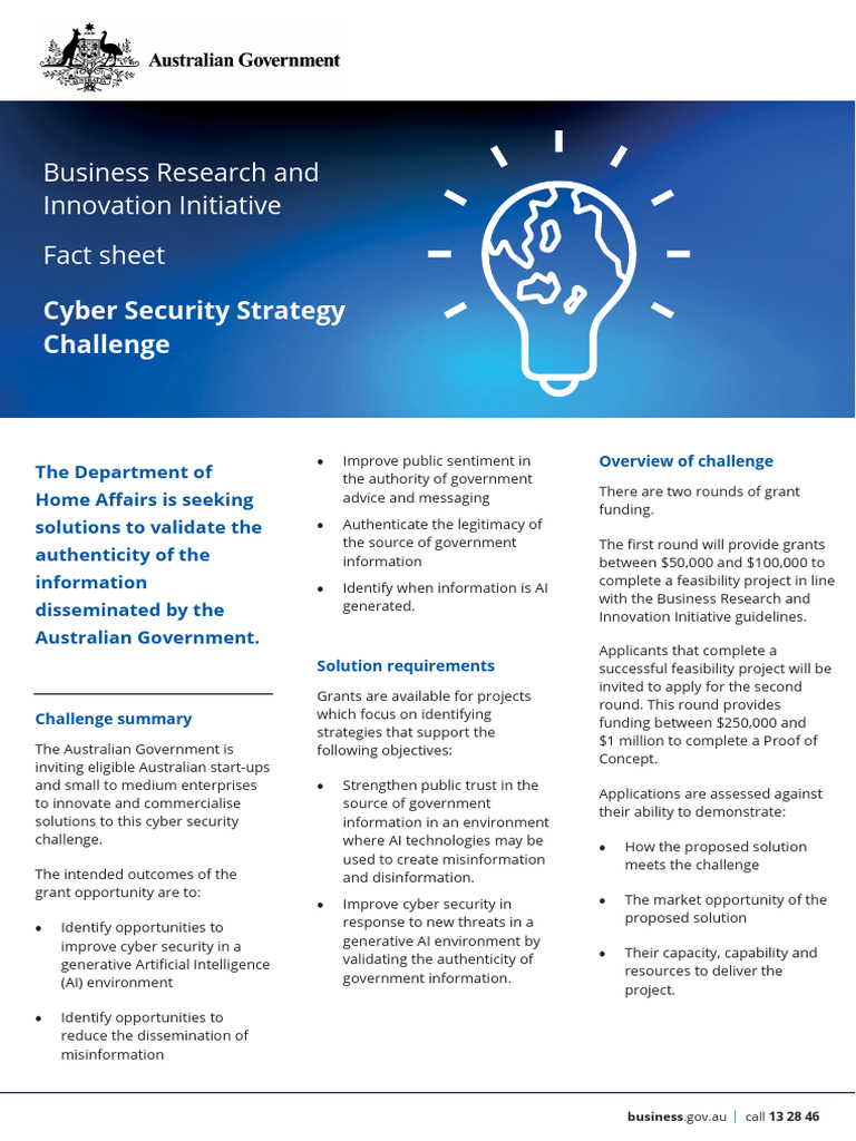 BRII Australian Cyber Security Strategy Challenge Factsheet PDF | PDF | Computer Security | Security