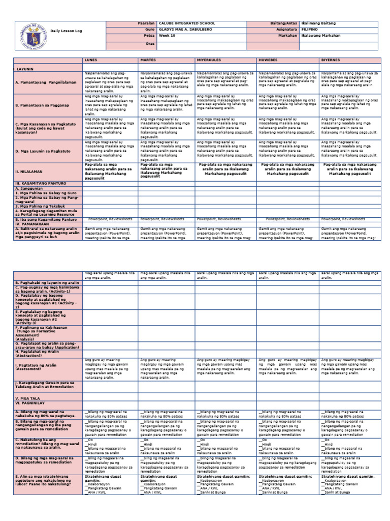 DLL Filipino 5 Week 10 | PDF